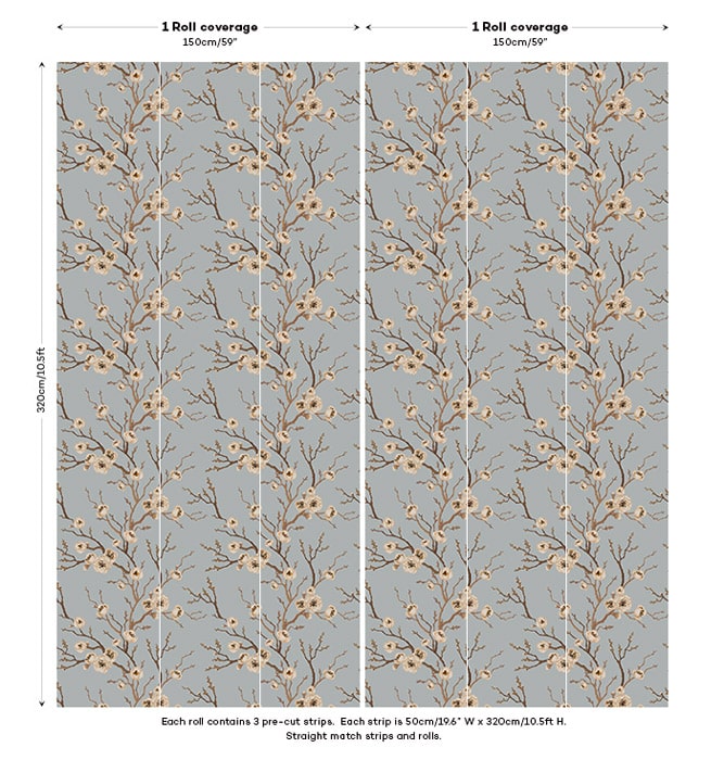 Blue & Grey Japanese Floral Tree Wallpaper - Feathr Wallpapers