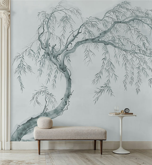 Blue & Cream Japanese Tree Wall Mural - Feathr Wallpapers